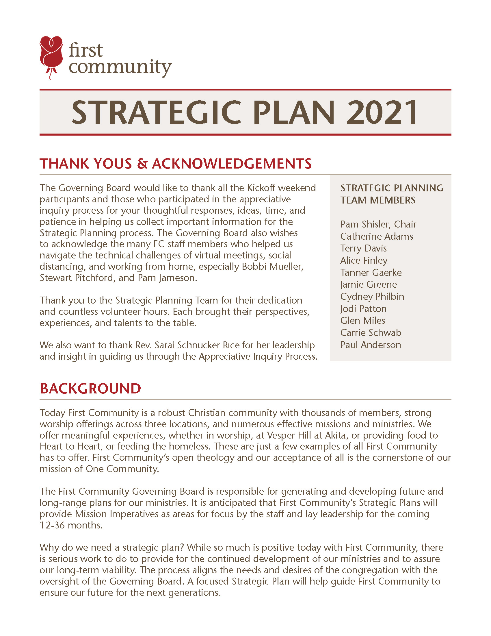 Strategic Planning | First Community